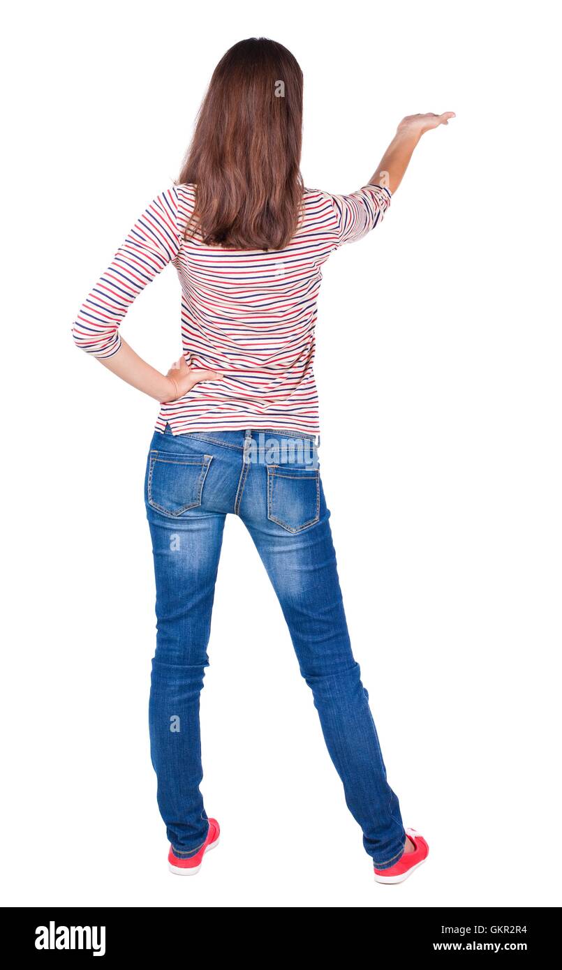 back view of surprised beautiful brunette young woman with hand Stock ...