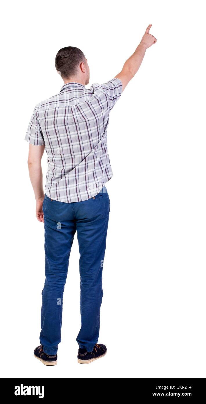 Back view of pointing young men in shirt and jeans Stock Photo - Alamy