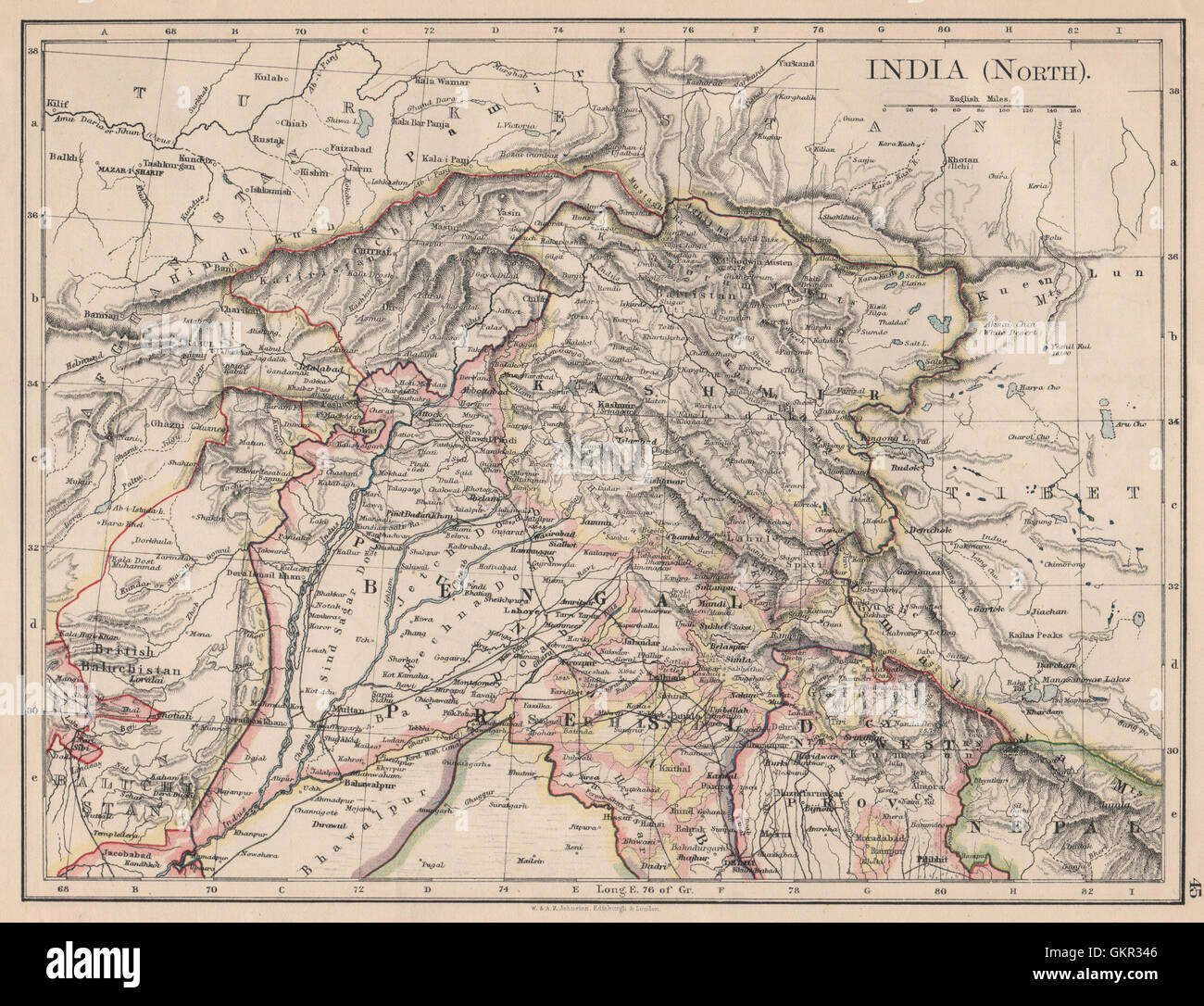 BRITISH INDIA NORTH. Jammu Kashmir Punjab Himalayas. JOHNSTON, 1895 old ...