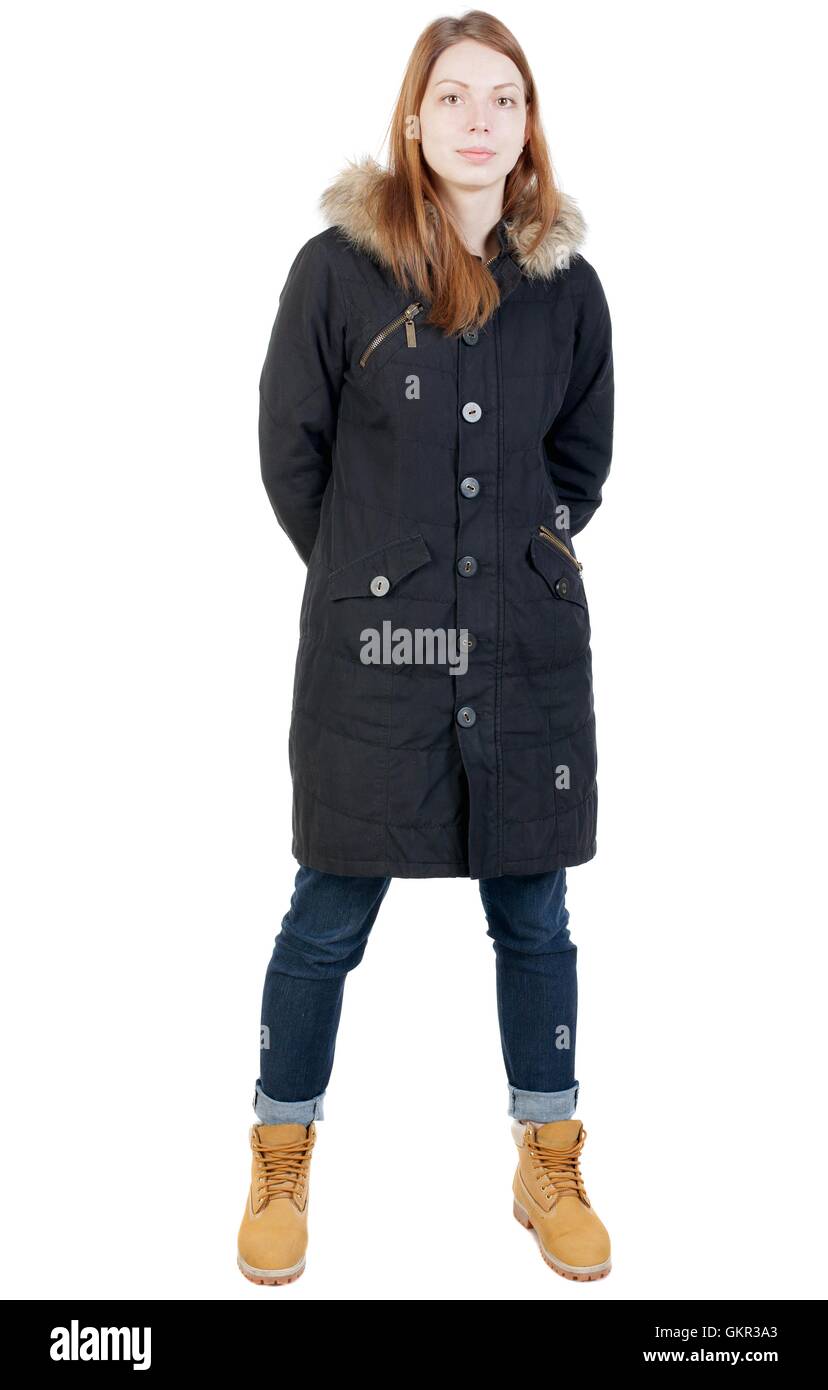 front view woman in winter jacket looking up Stock Photo - Alamy