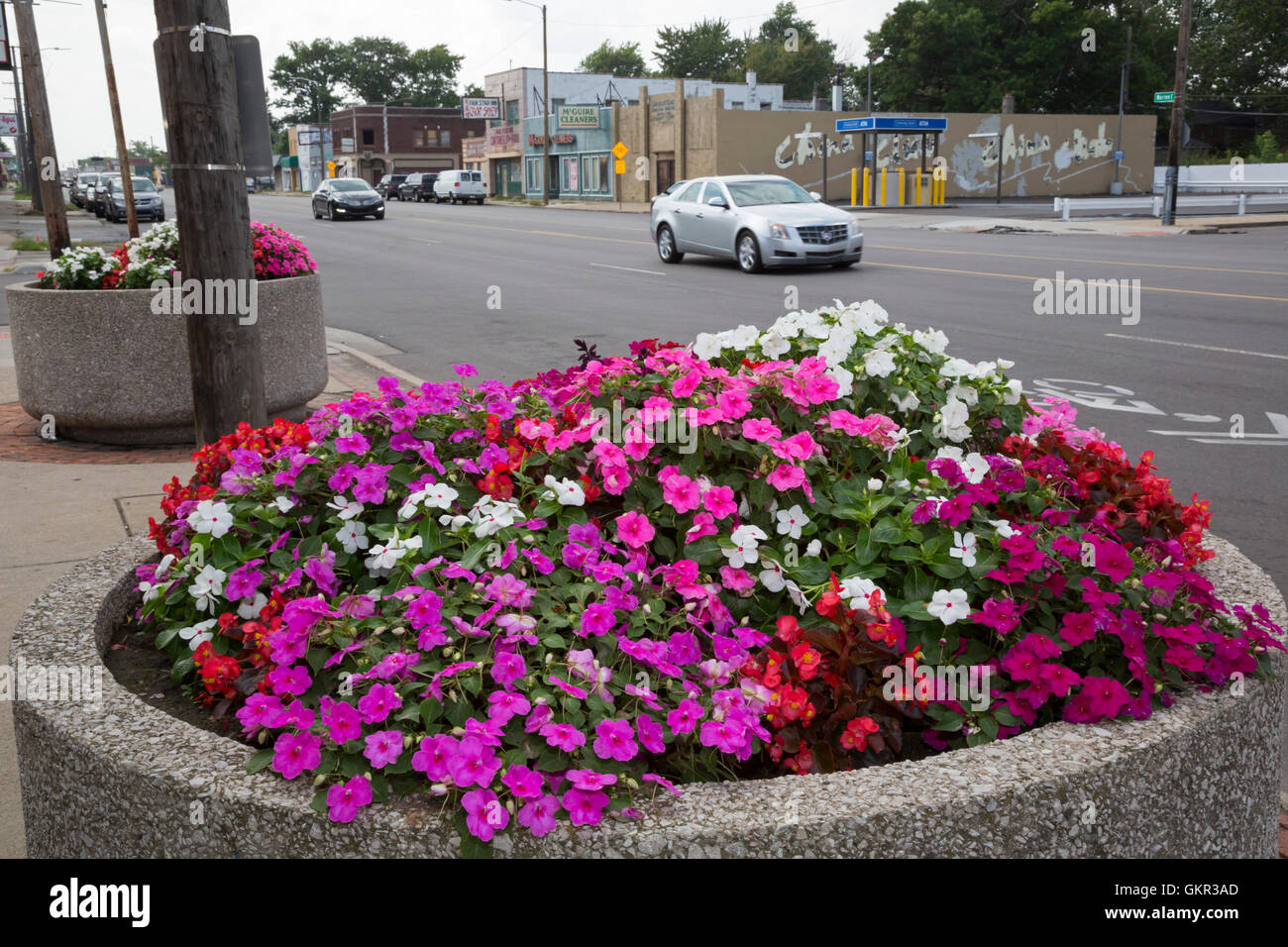 Detroit, Michigan - Flowers in a planter on the city's east side Stock ...
