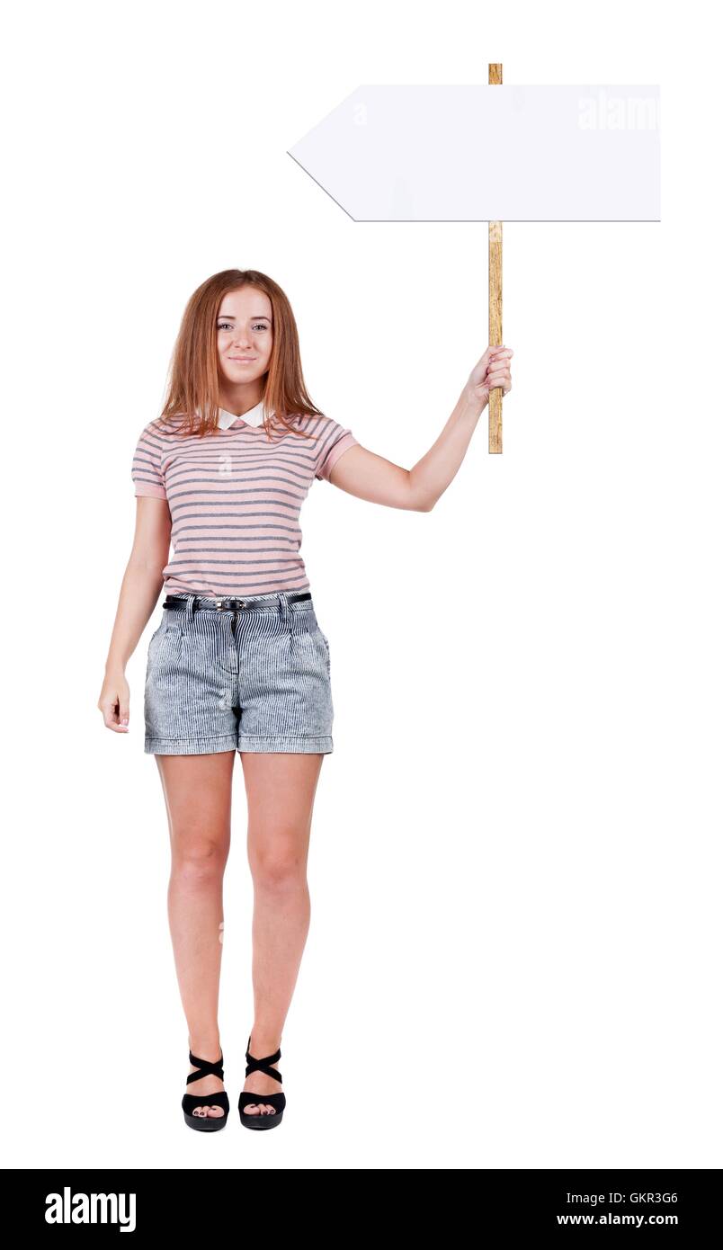 smiling woman showing sign board Stock Photo - Alamy