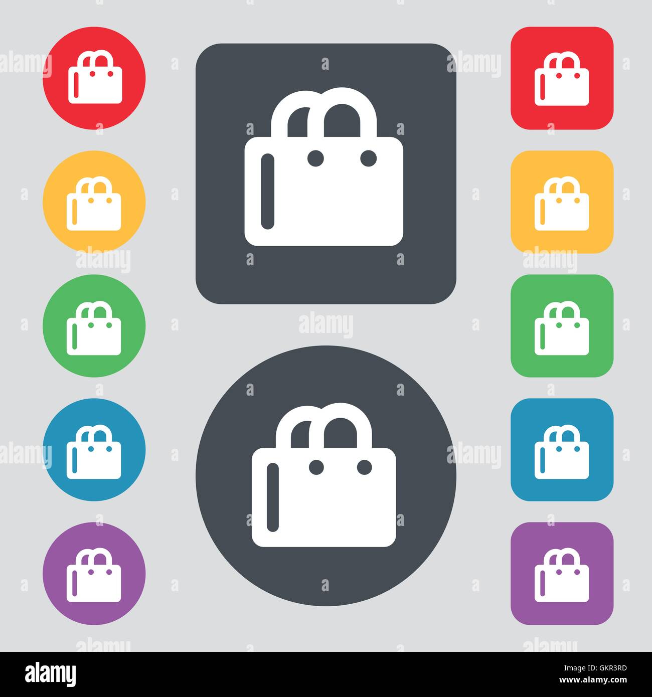 shopping bag icon sign. A set of 12 colored buttons. Flat design ...