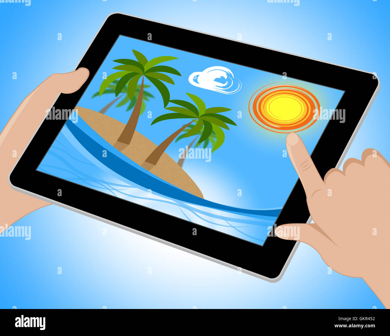 Tropical Island Tablet Showing Exotic Beach 3d Illustration Stock Photo ...