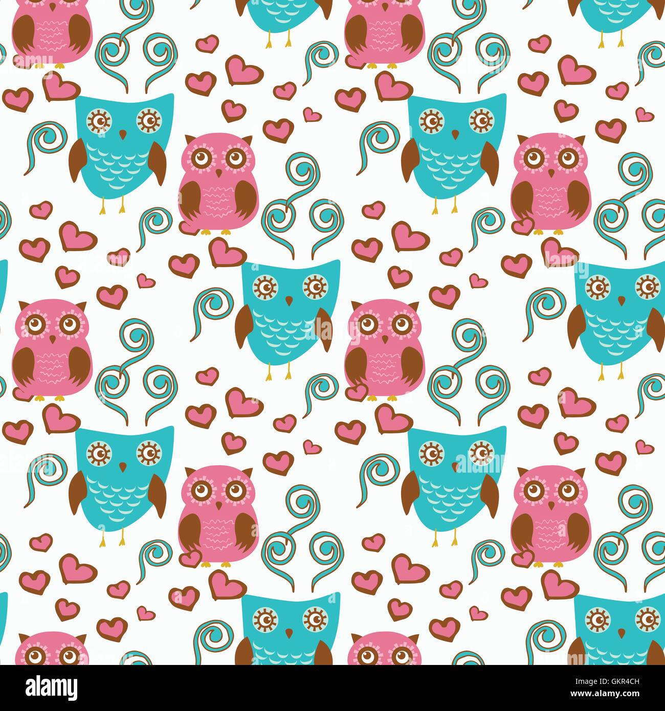 Cute seamless pattern with owls couple. Blue and pink owls. Vector ...