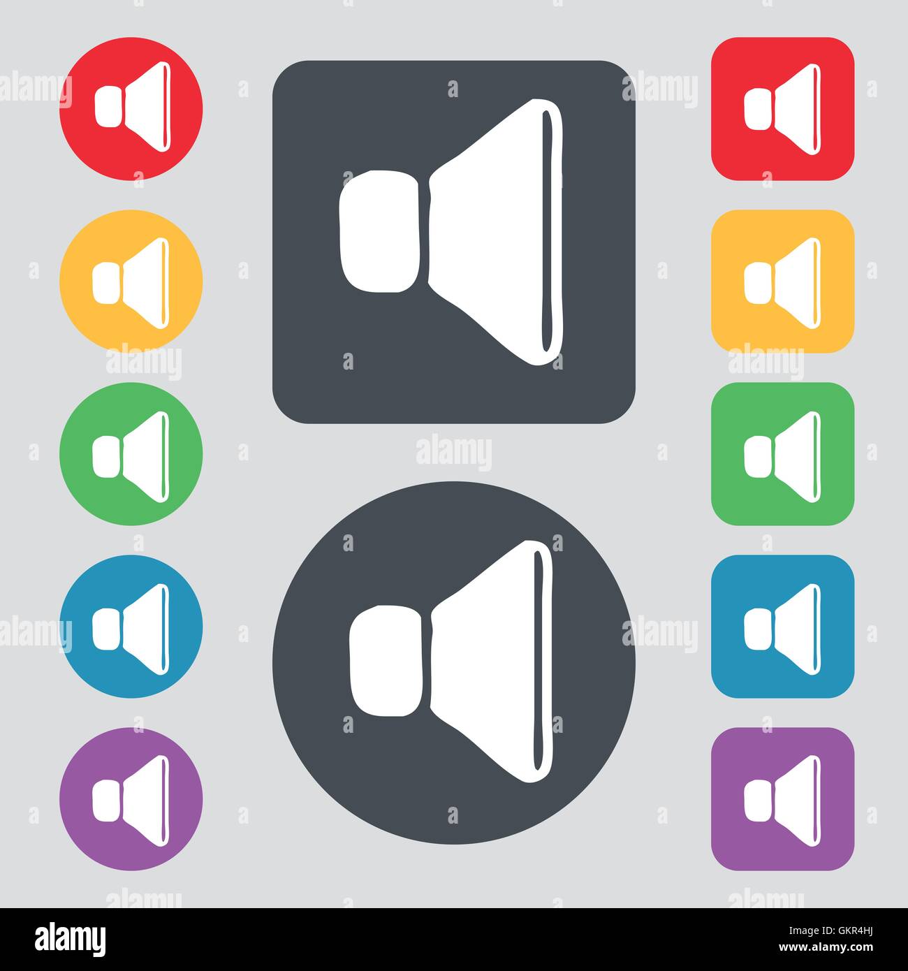 volume, sound icon sign. A set of 12 colored buttons. Flat design ...
