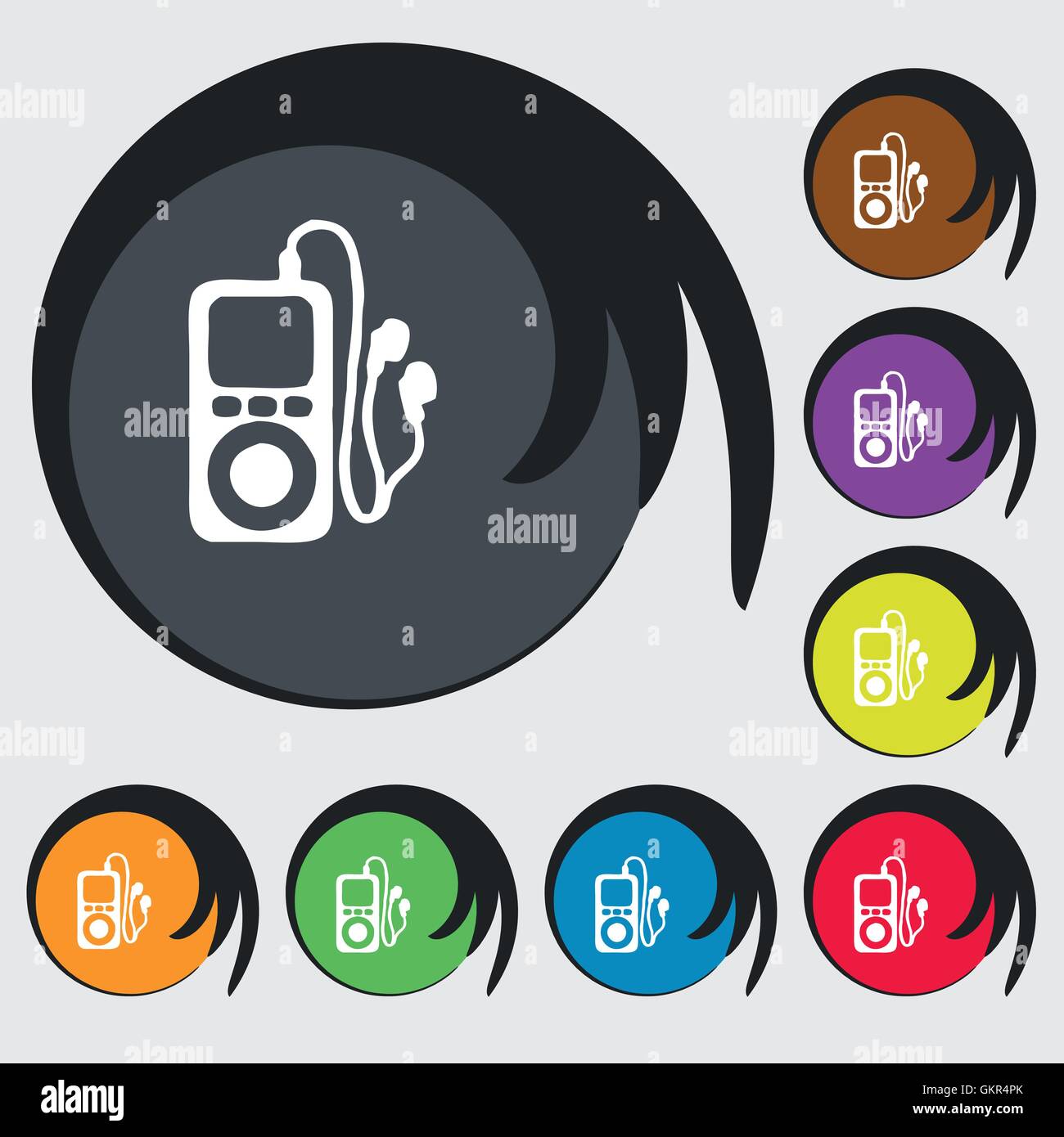 MP3 player, headphones, music icon sign. Symbol on eight colored ...