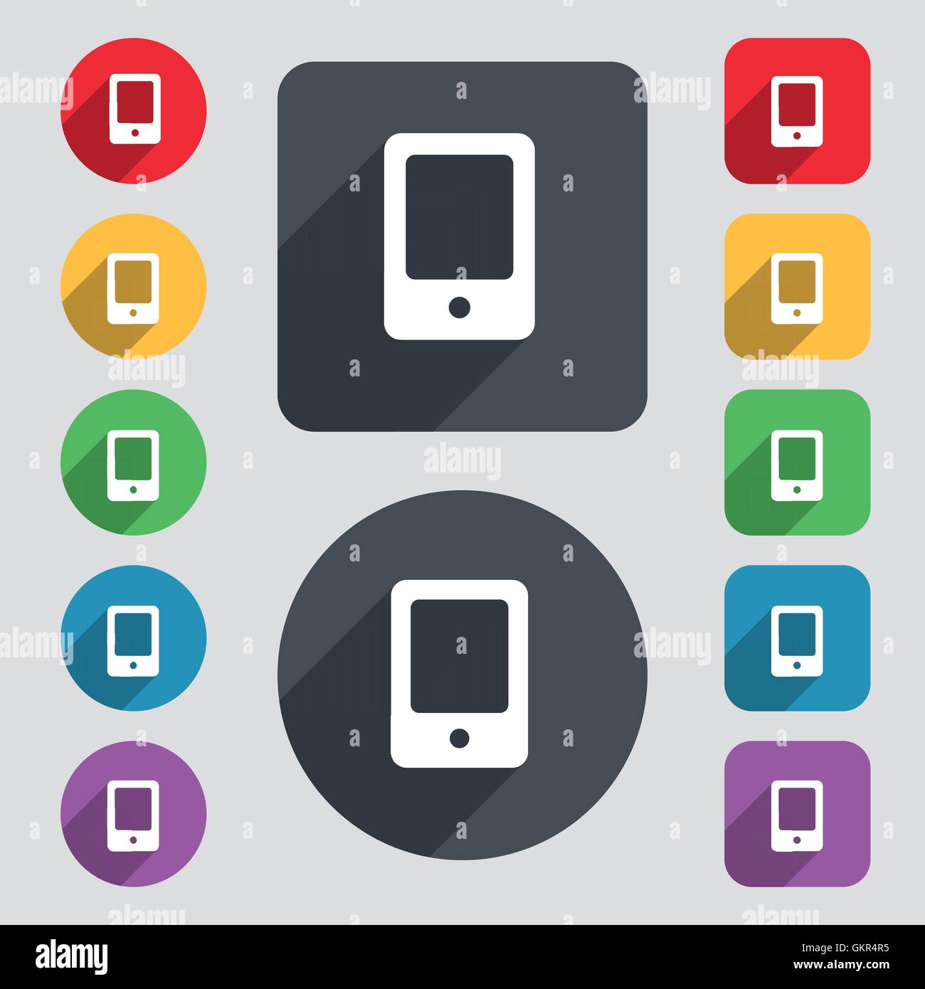 Tablet icon sign. A set of 12 colored buttons and a long shadow. Flat ...