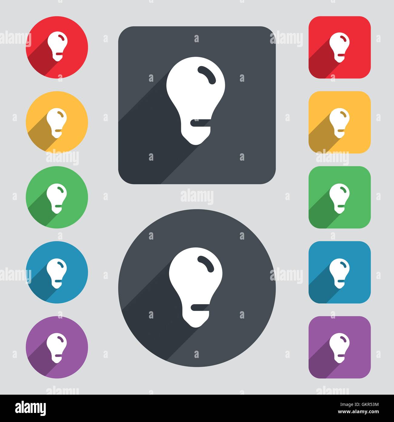 light bulb, idea icon sign. A set of 12 colored buttons and a long ...