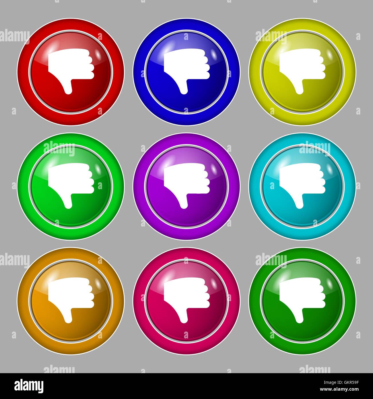 Dislike, Thumb down, Hand finger down icon sign. symbol on nine round ...