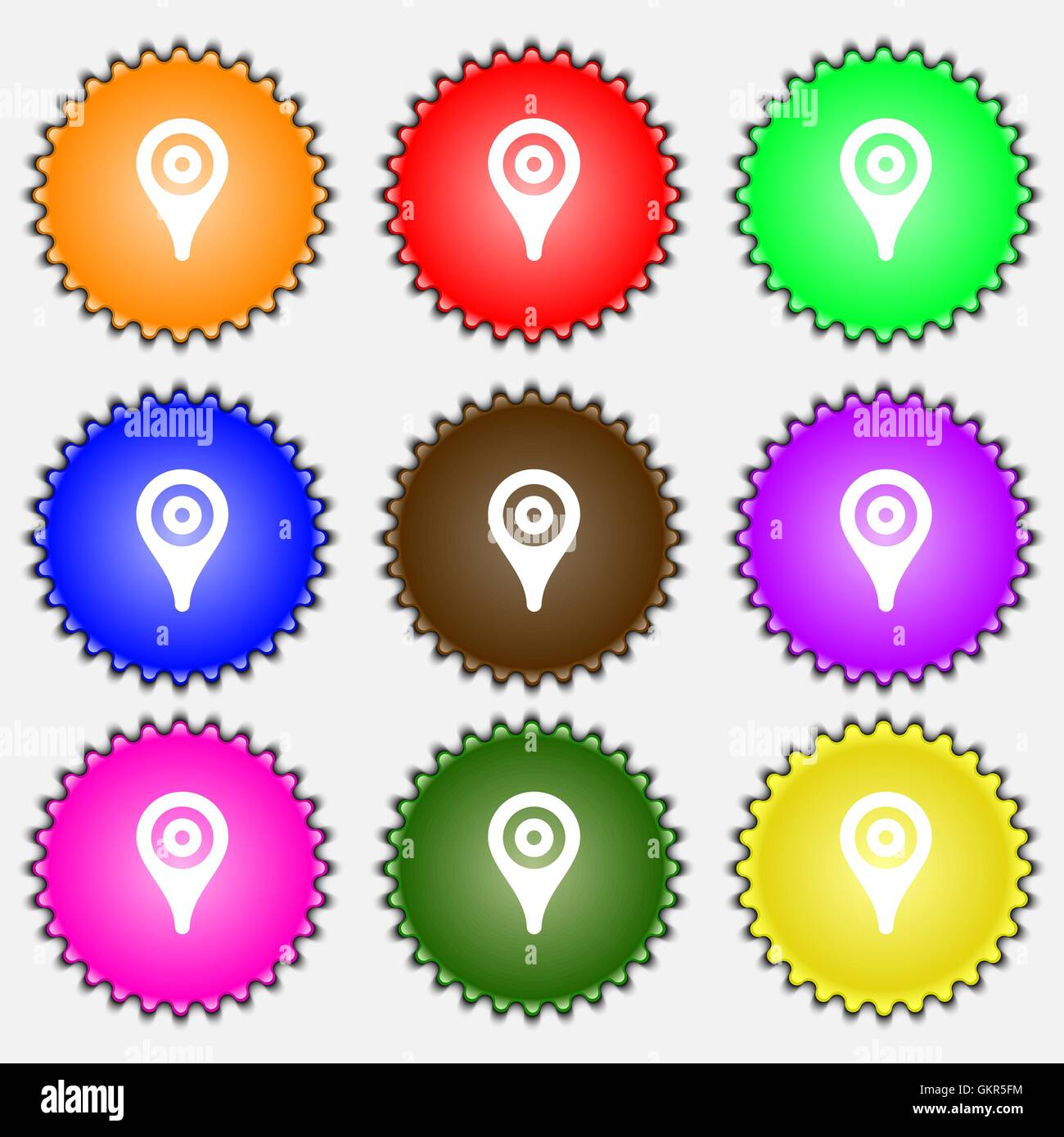 Map pointer, GPS location icon sign. A set of nine different colored ...