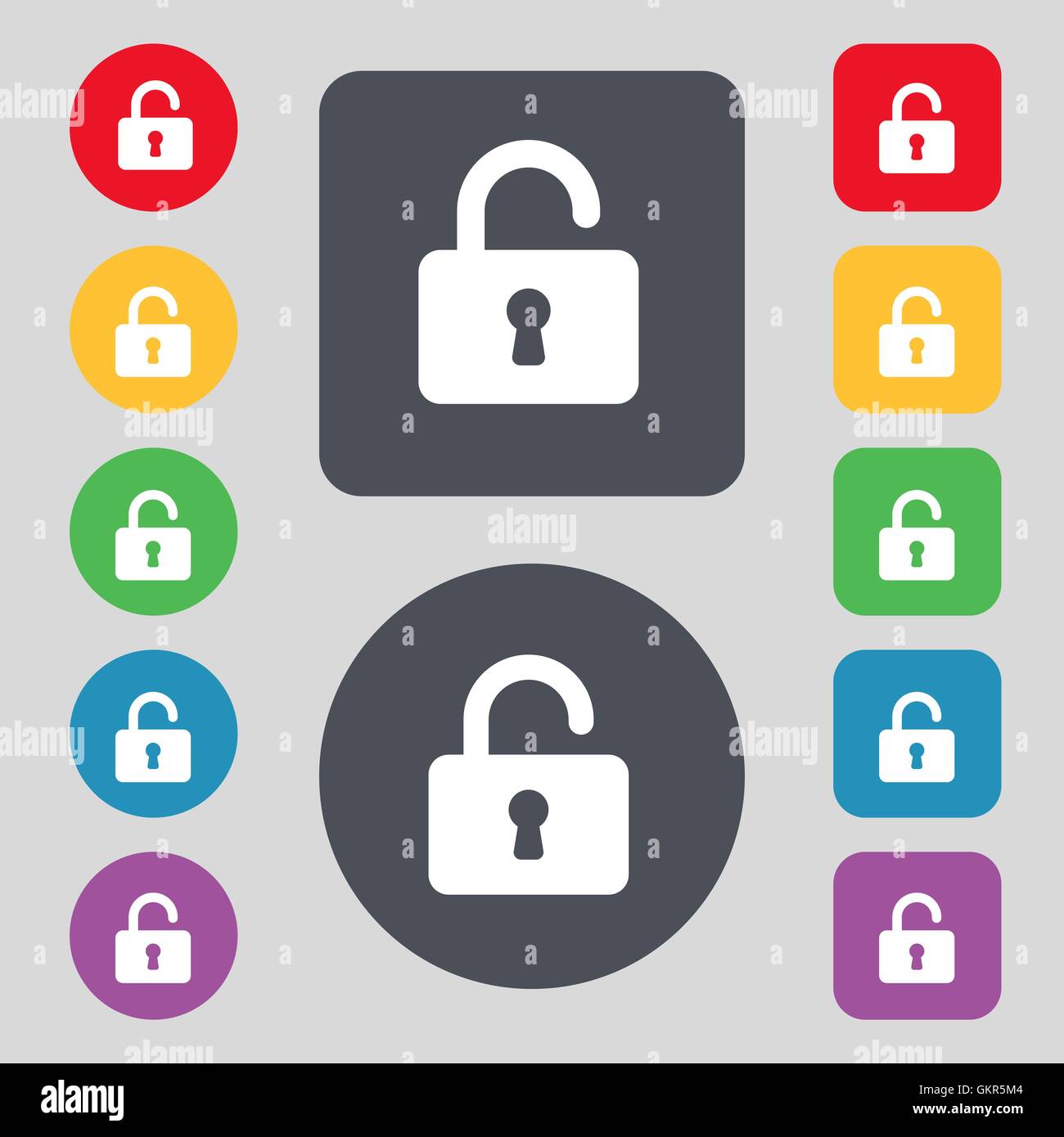Open Padlock icon sign. A set of 12 colored buttons. Flat design ...