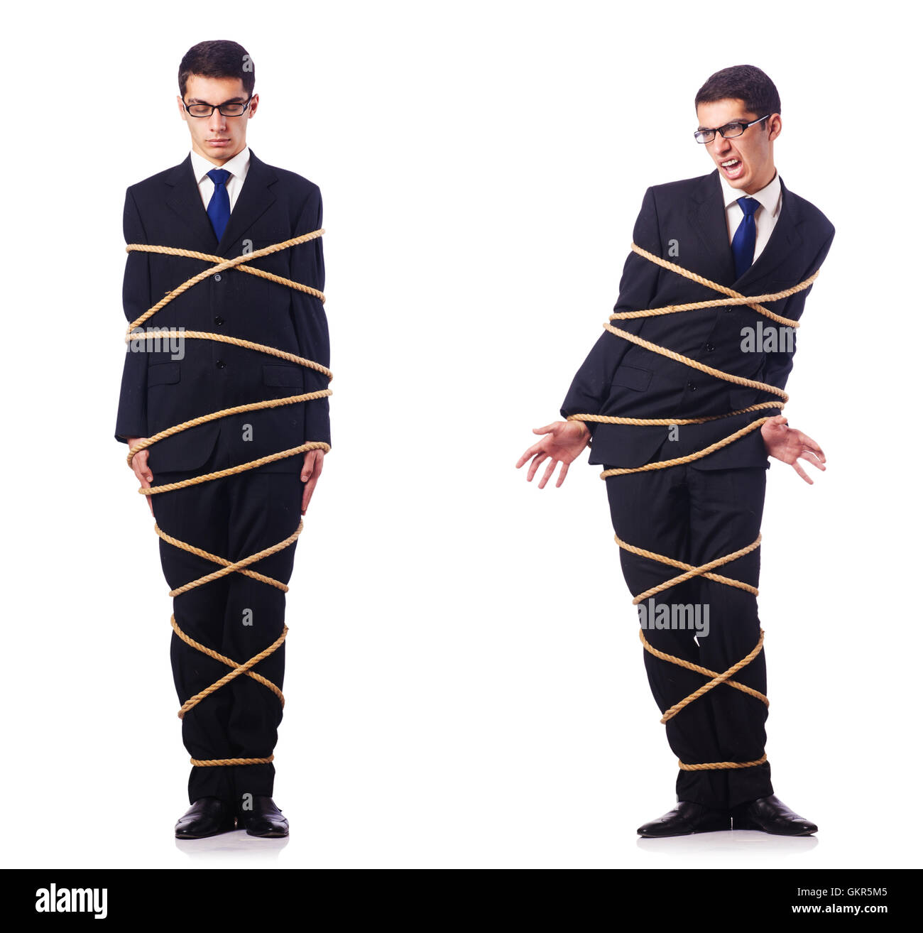 Businessman roped isolated on white background Stock Photo - Alamy