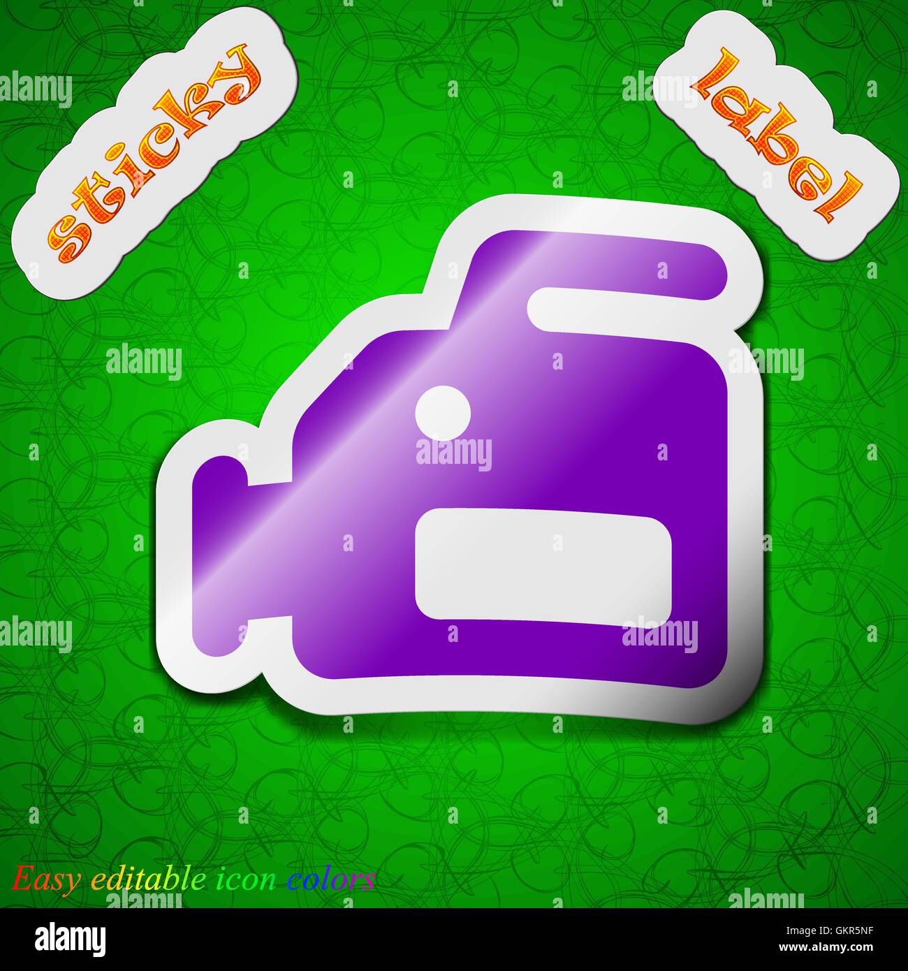 video camera icon sign. Symbol chic colored sticky label on green ...