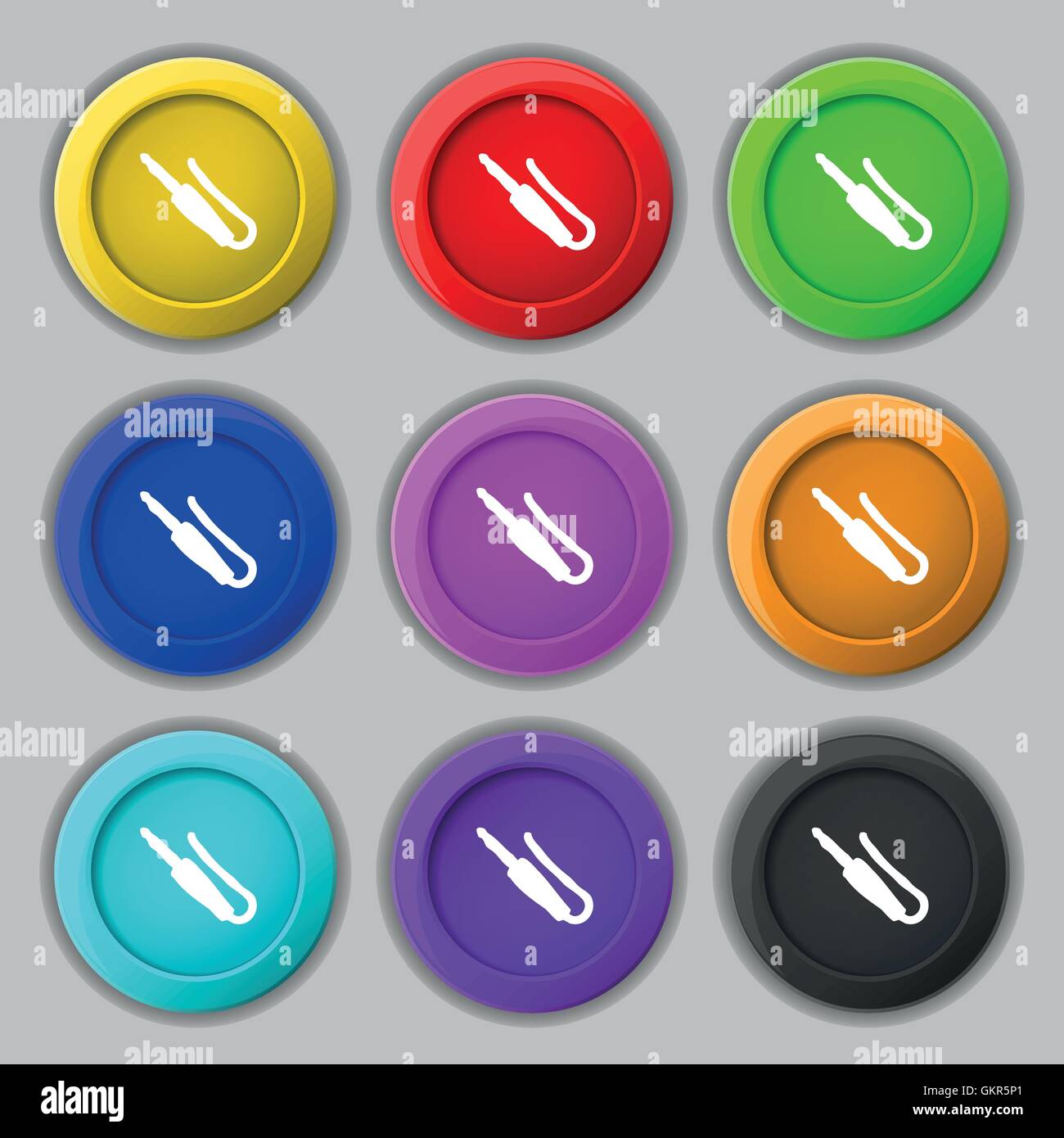plug, mini jack icon sign. symbol on nine round colourful buttons ...