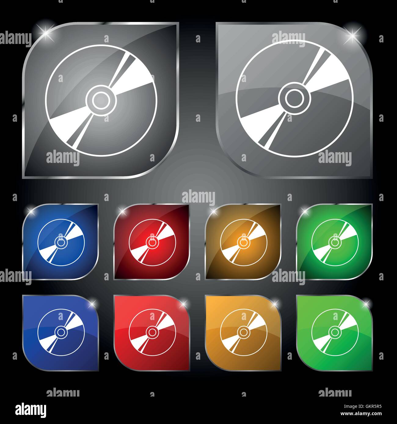 Cd, DVD, compact disk, blue ray icon sign. Set of ten colorful buttons ...
