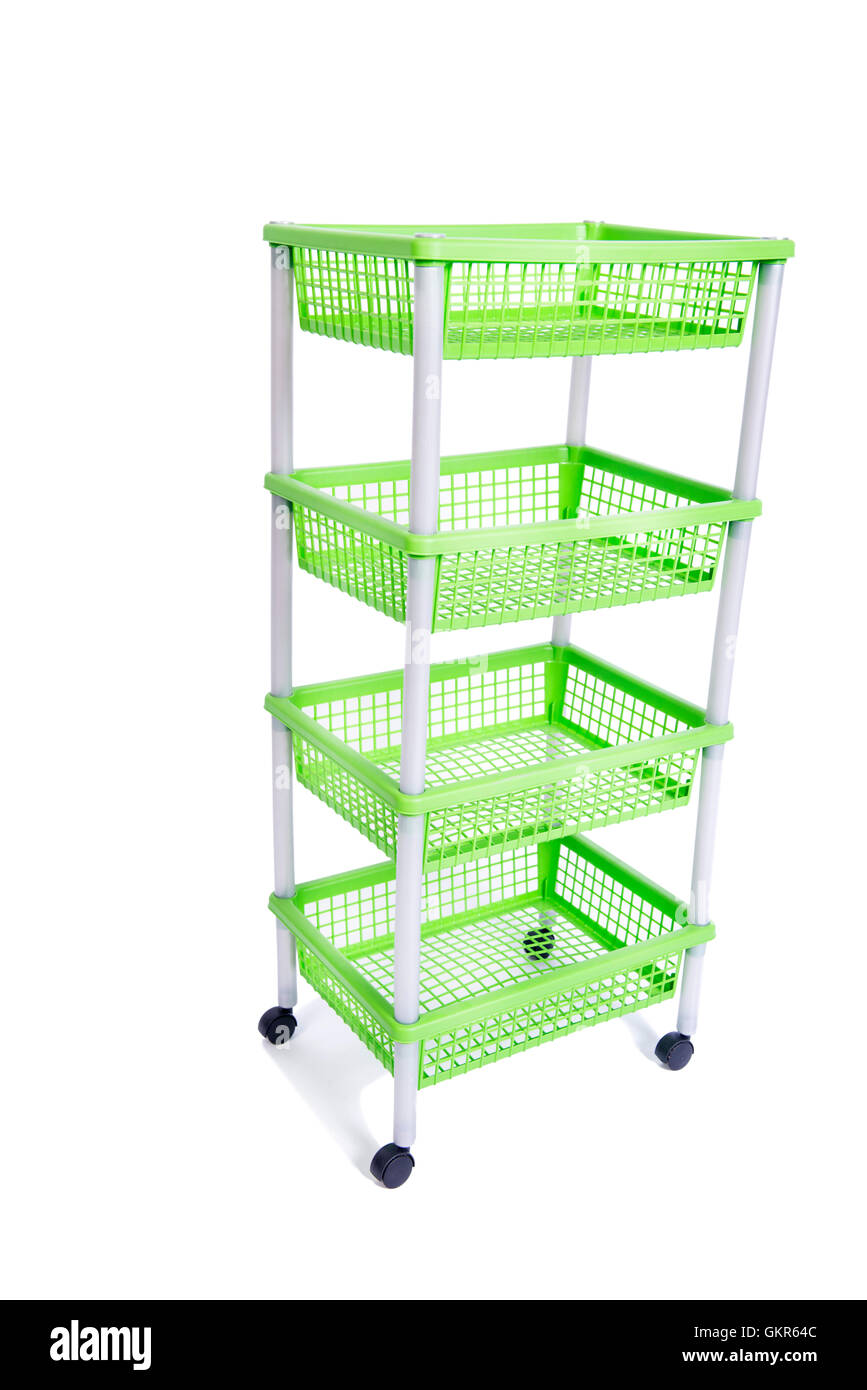 Green bin rack shelf with wheels isolated on white Stock Photo - Alamy