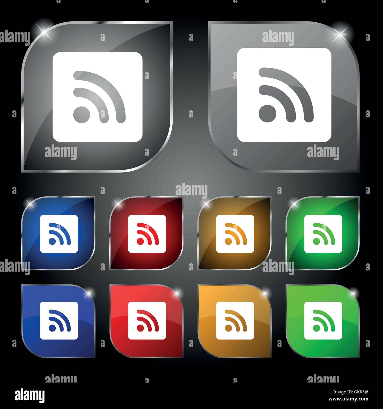 RSS feed icon sign. Set of ten colorful buttons with glare. Vector ...