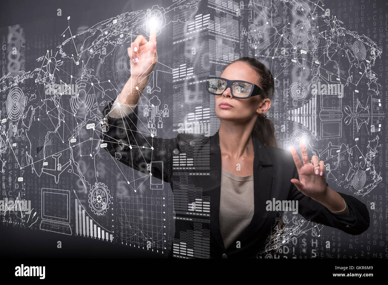 Woman pressing buttons in business concept Stock Photo - Alamy