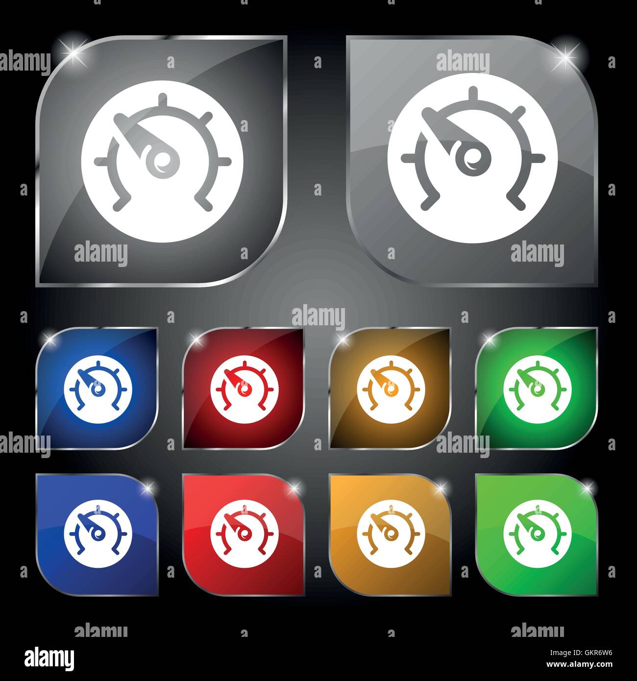 speed, speedometer icon sign. Set of ten colorful buttons with glare ...