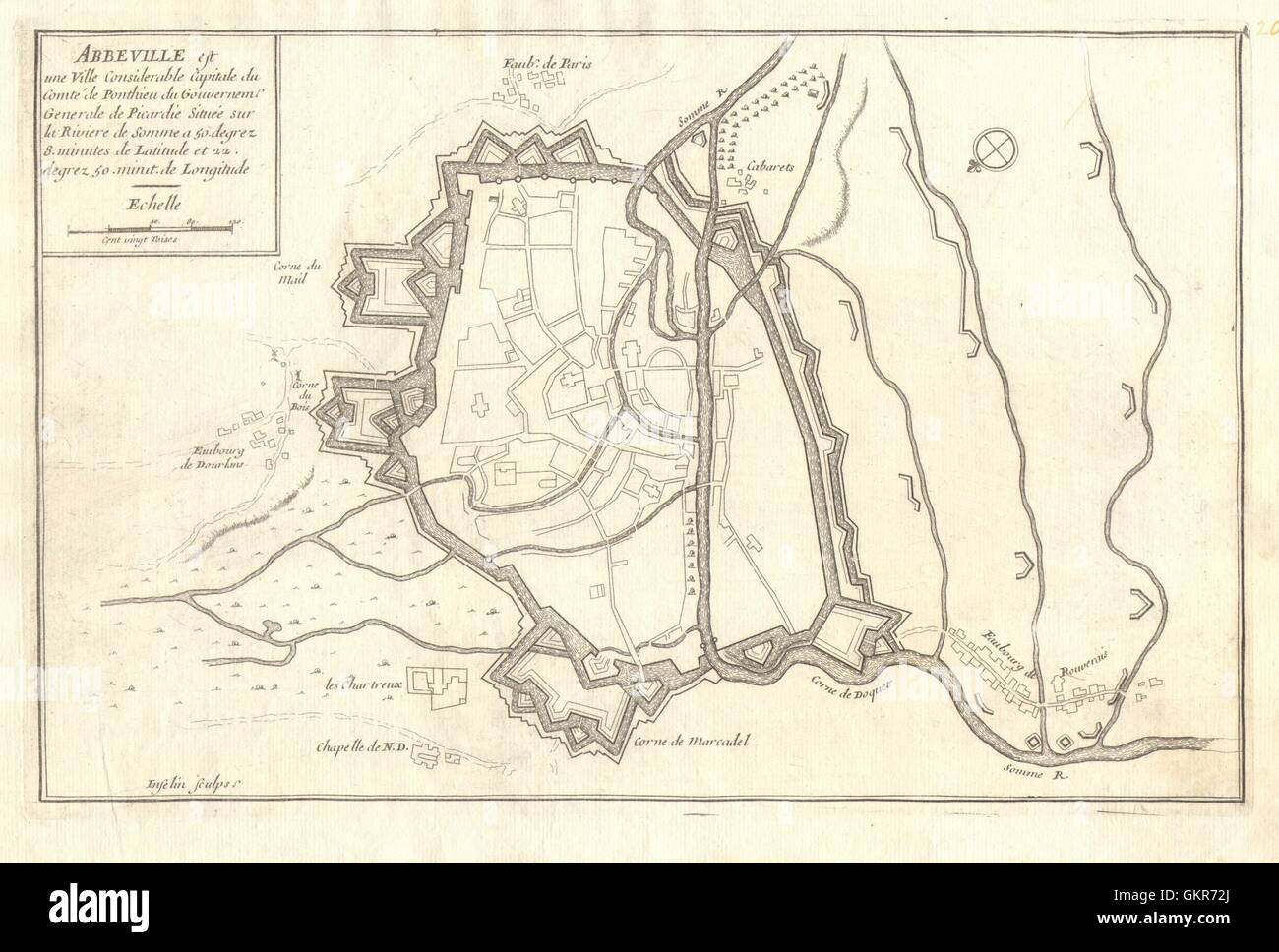 Abbeville. Plan of town/city & fortifications. Somme. DE FER, 1705 ...