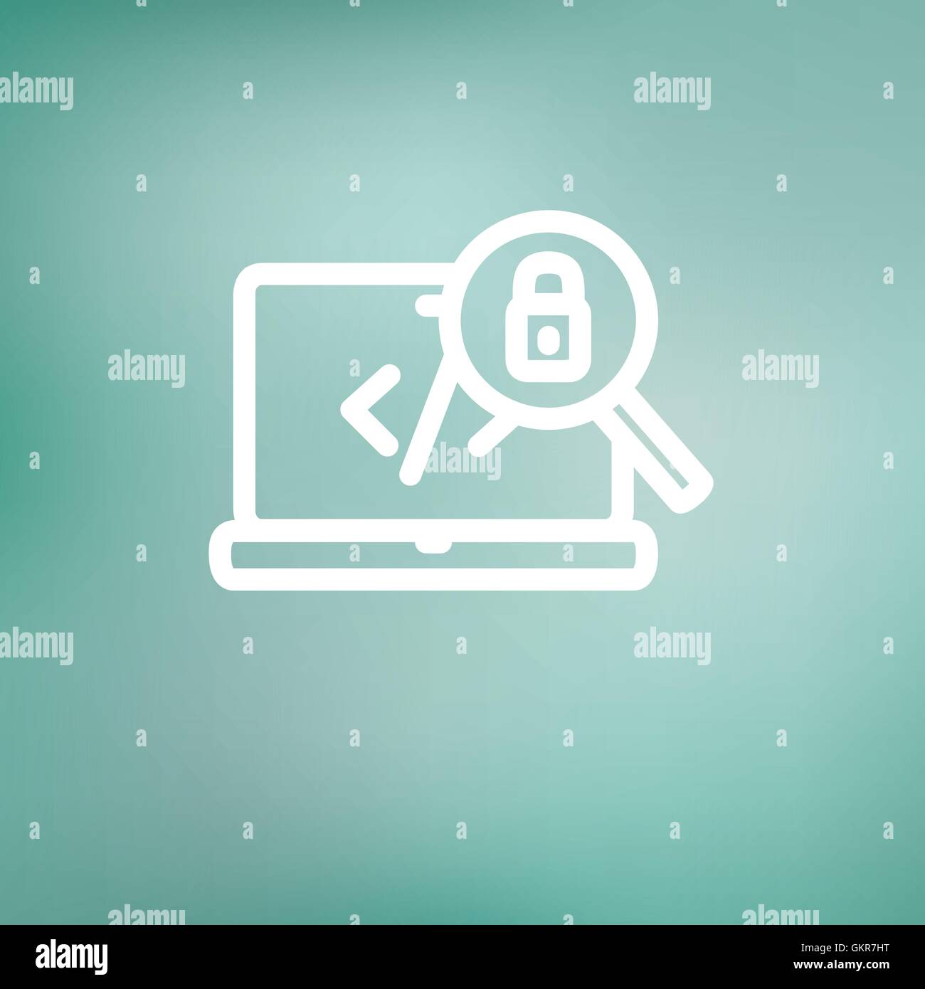 Laptop and magnifying glass looking for security lock thin line icon ...