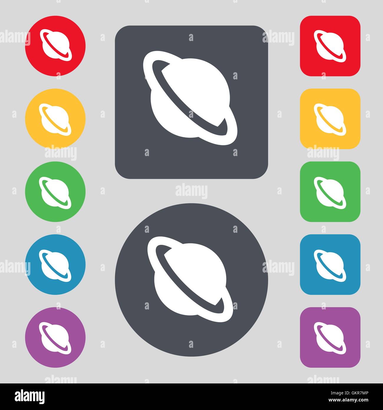 Jupiter planet icon sign. A set of 12 colored buttons. Flat design ...