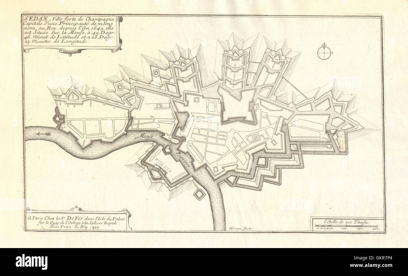 Sedan. Plan of town/city & fortifications. Ardennes. DE FER, 1705 ...