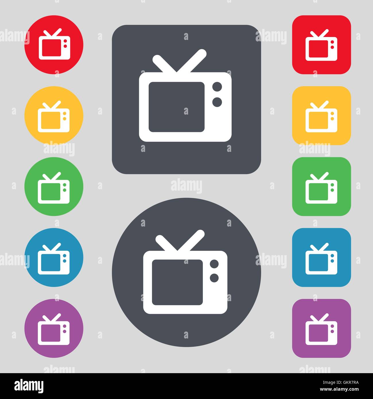 Retro TV icon sign. A set of 12 colored buttons. Flat design. Vector ...