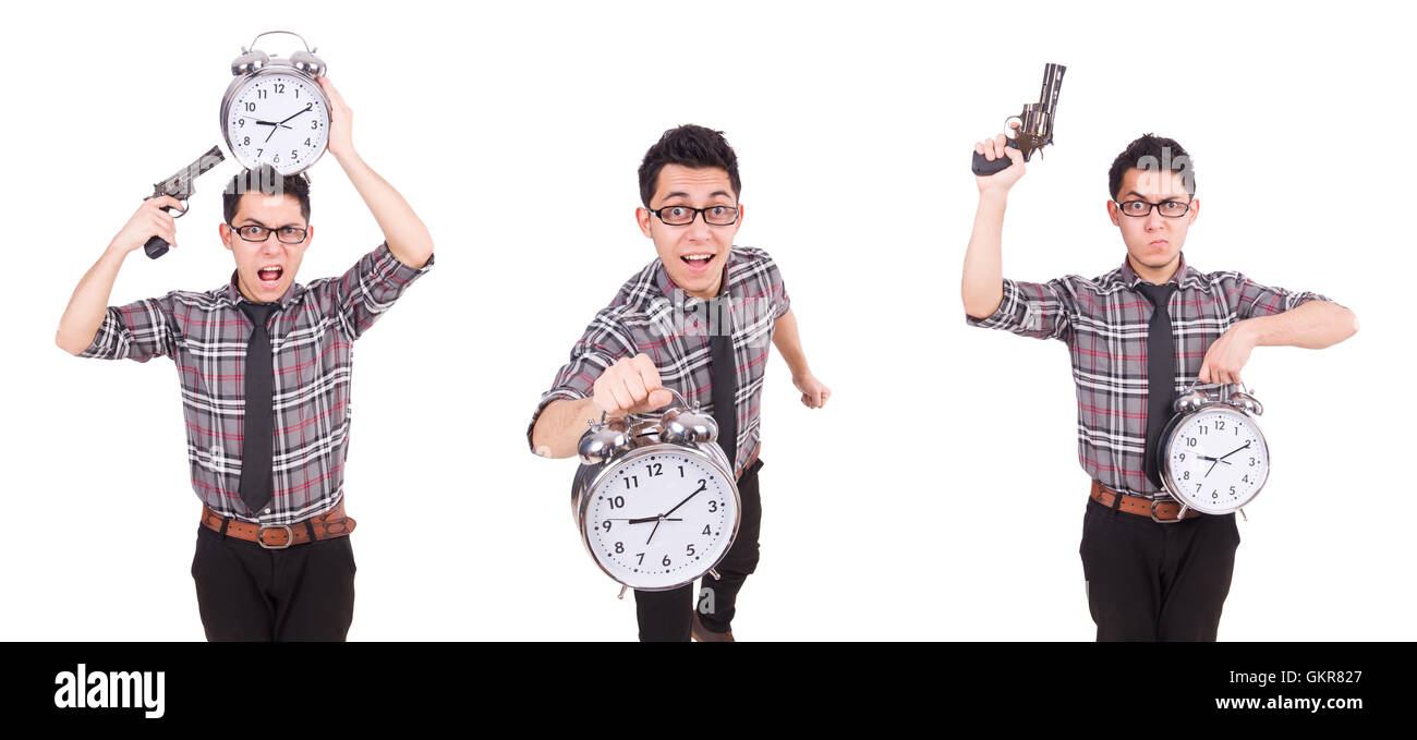 Young man with clock isolated on white Stock Photo - Alamy