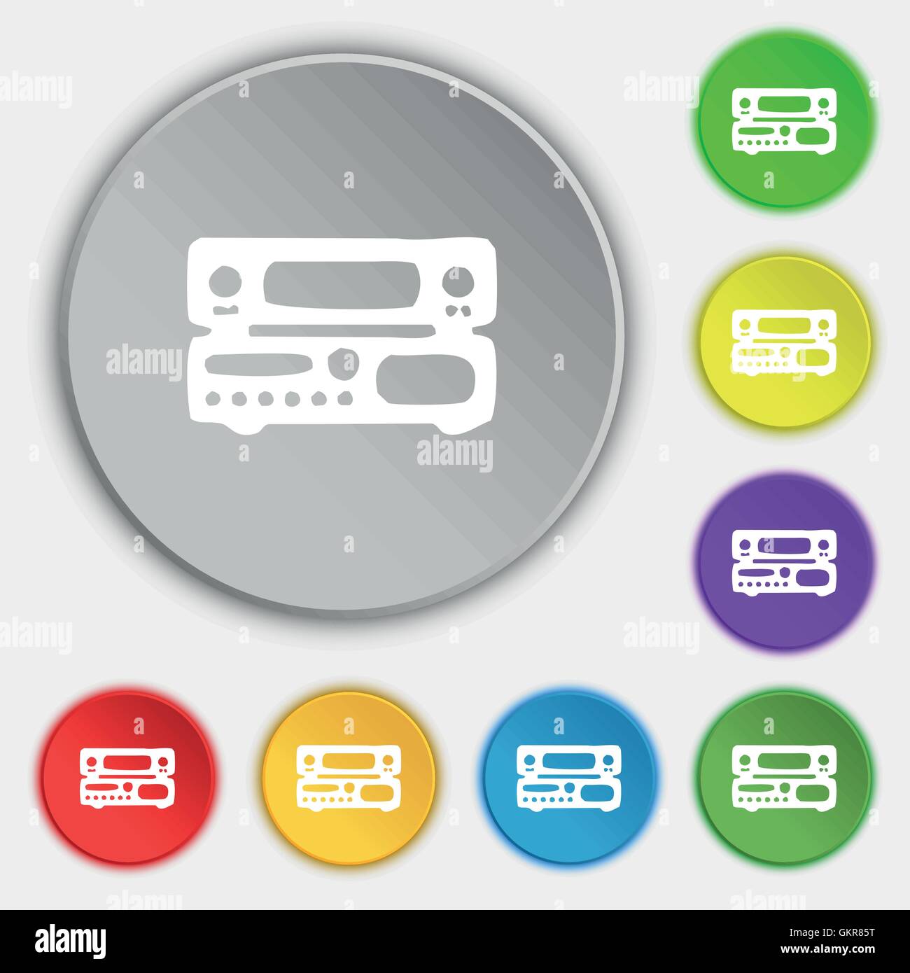 radio, receiver, amplifier icon sign. Symbol on five flat buttons ...