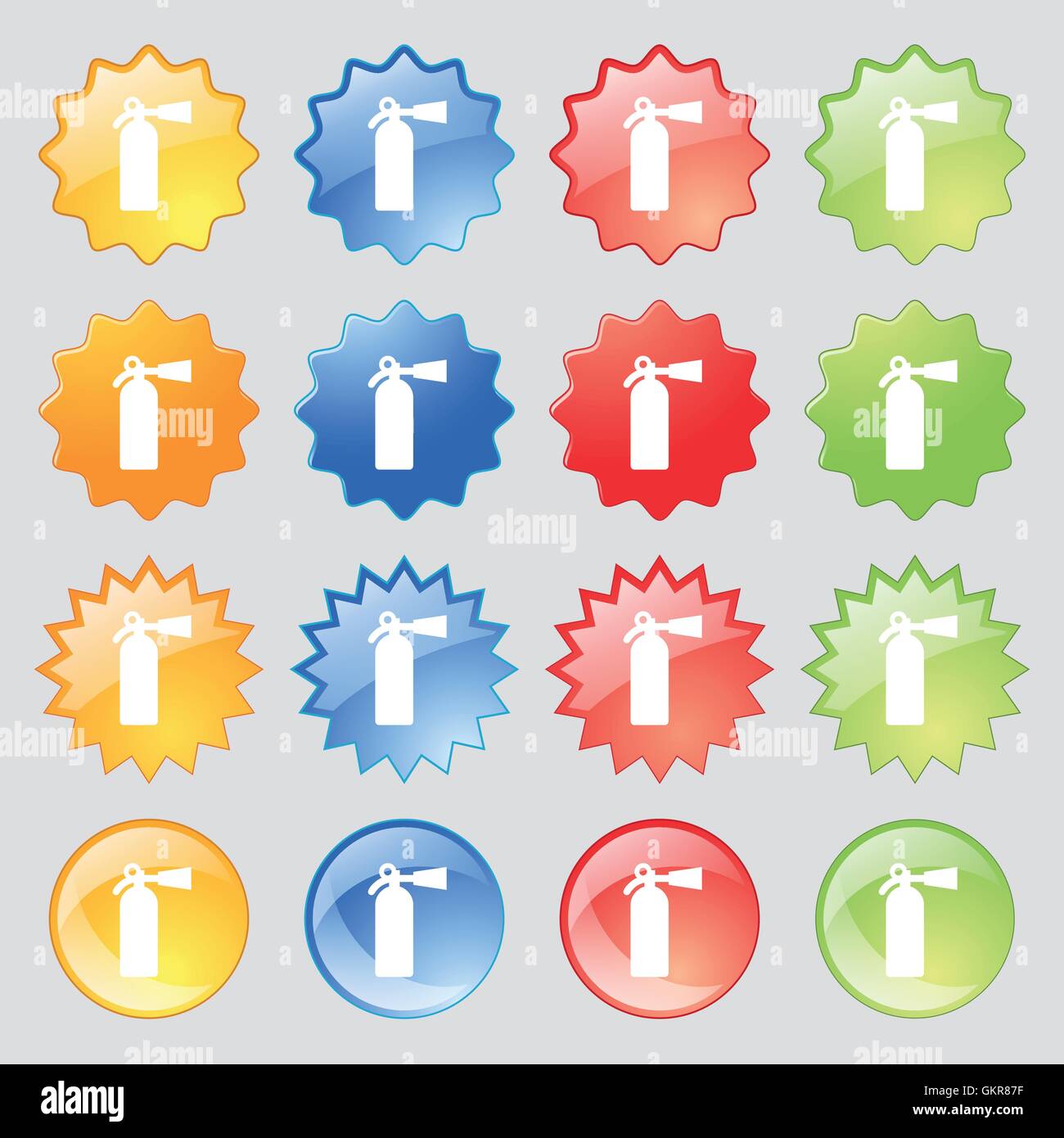 fire extinguisher icon sign. Set from fourteen multi-colored glass ...