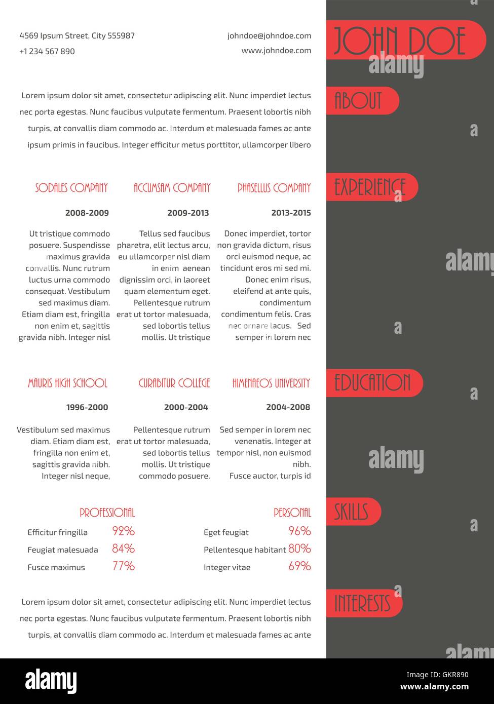 Simplistic resume curriculum vitae template with red stripes Stock ...