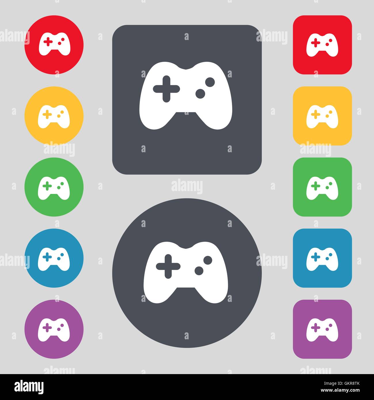 Joystick icon sign. A set of 12 colored buttons. Flat design. Vector ...
