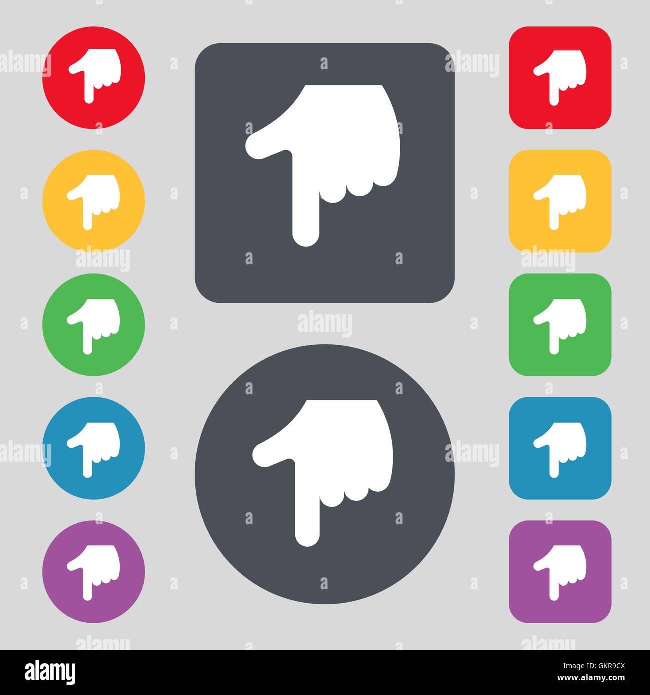 pointing hand icon sign. A set of 12 colored buttons. Flat design ...