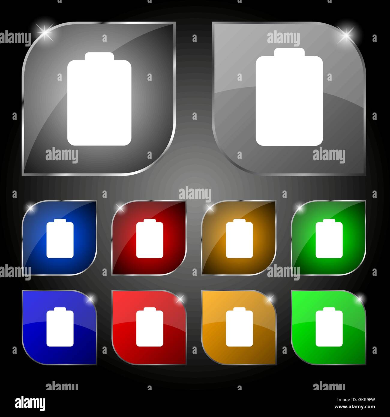 Battery empty, Low electricity icon sign. Set of ten colorful buttons ...