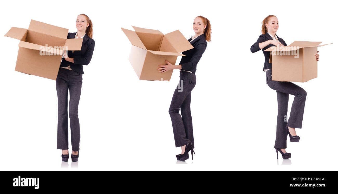 Businesswoman with boxes isolated on white Stock Photo - Alamy
