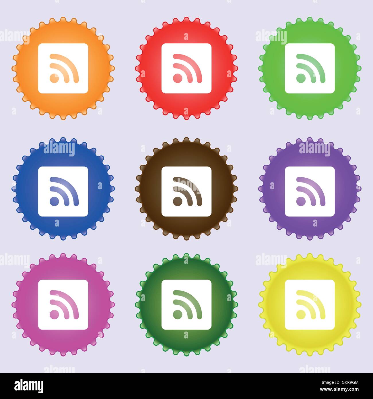 RSS feed icon sign. A set of nine different colored labels. Vector ...