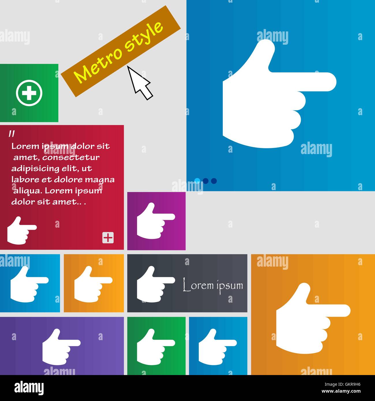 pointing hand icon sign. Metro style buttons. Modern interface website buttons with cursor ...