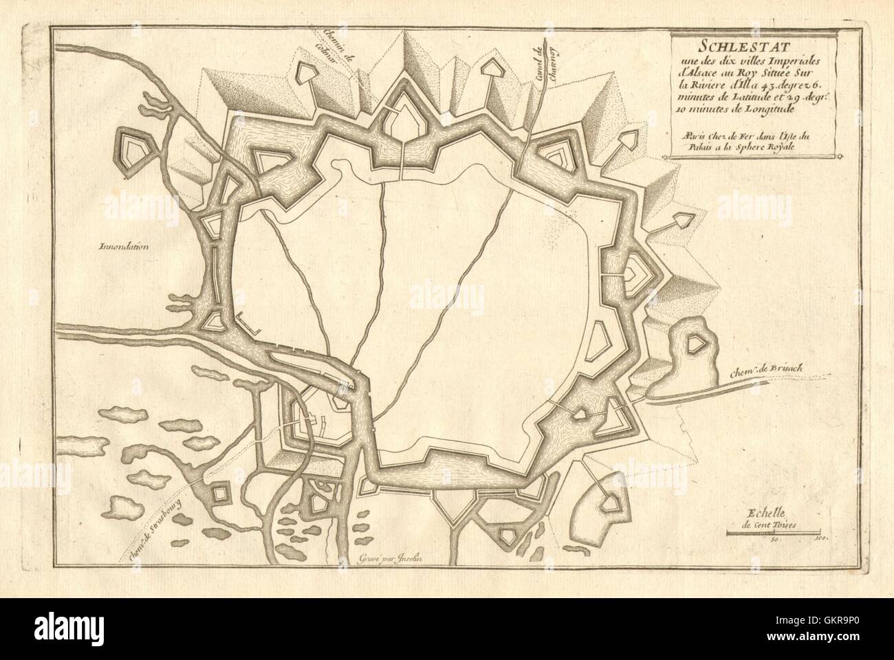 'Schlestat'. Sélestat. Fortifed town/city plan. Bas-Rhin. DE FER, 1705 ...