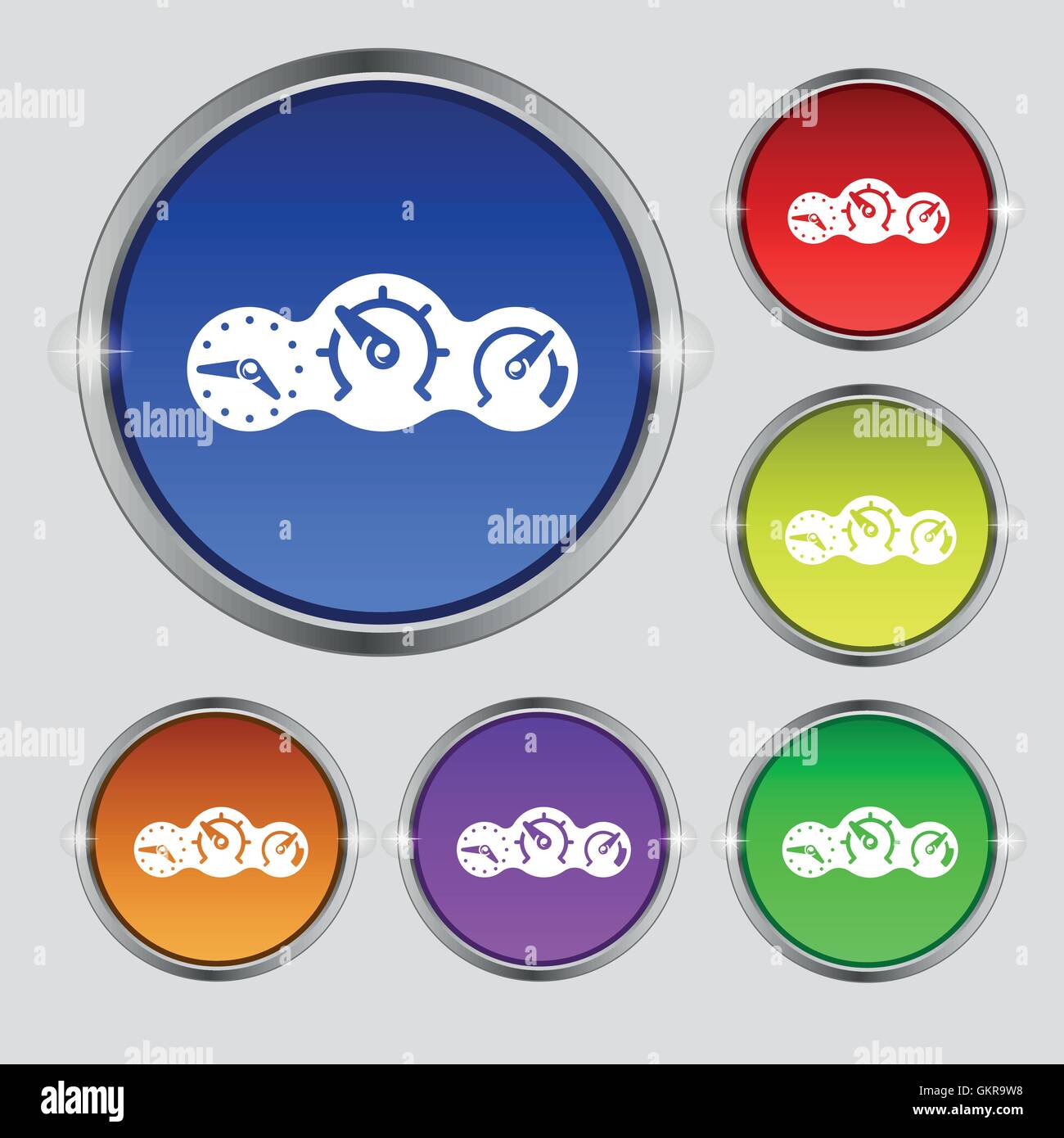 speed, speedometer icon sign. Round symbol on bright colourful buttons ...