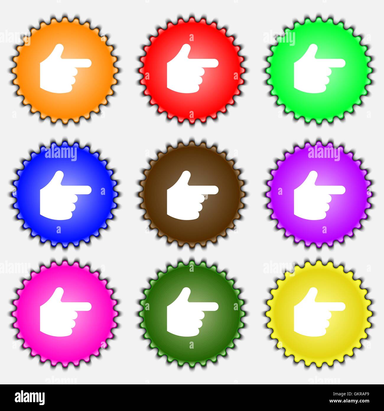 pointing hand icon sign. A set of nine different colored labels. Vector ...