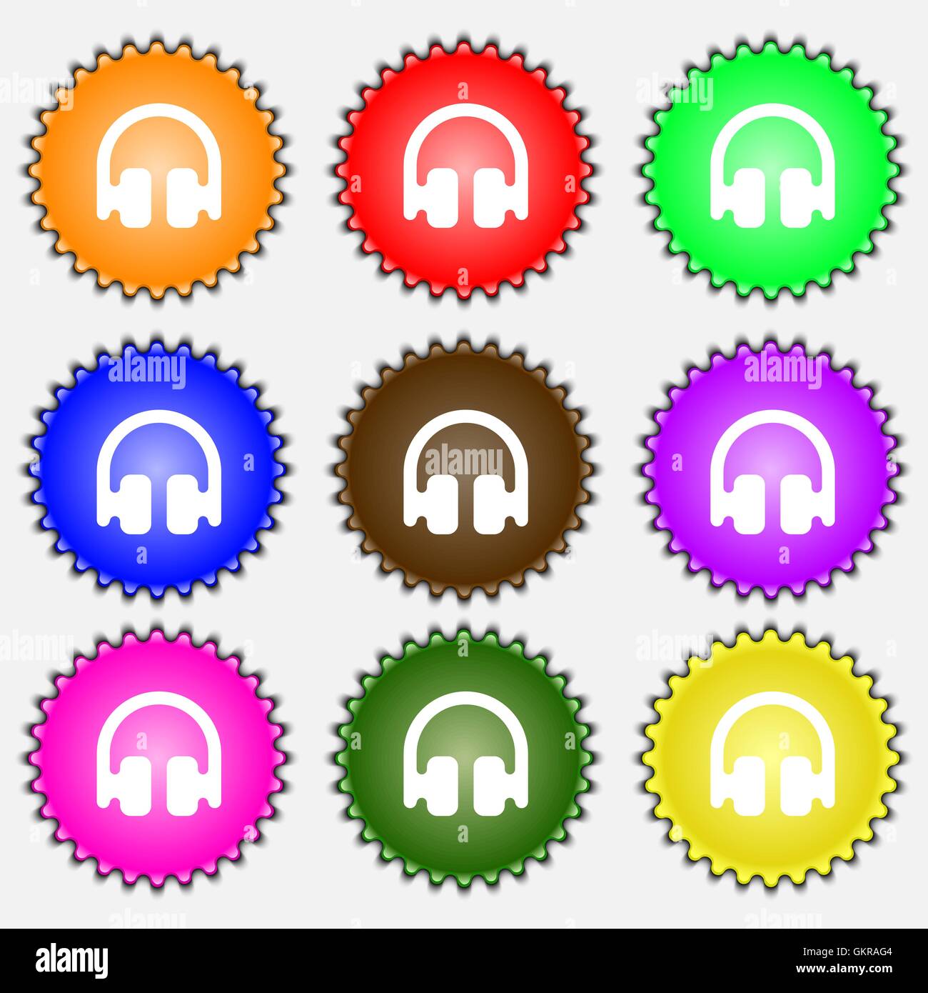 Headphones, Earphones icon sign. A set of nine different colored labels ...