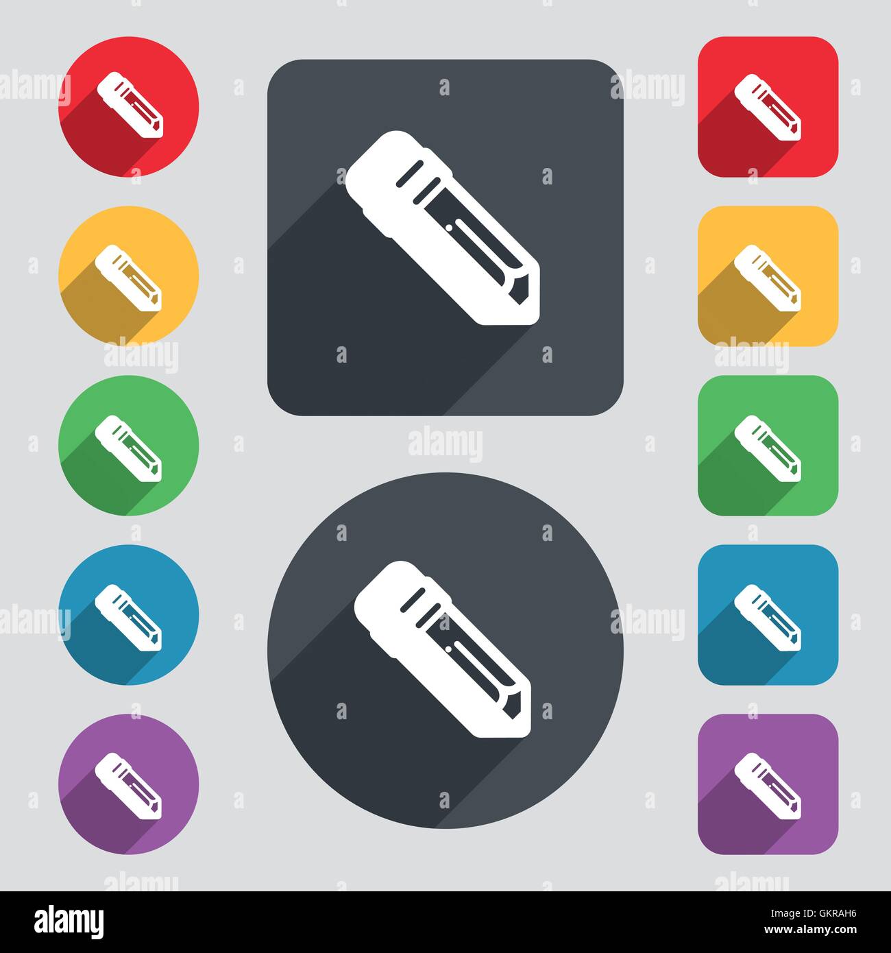pencil icon sign. A set of 12 colored buttons and a long shadow. Flat ...