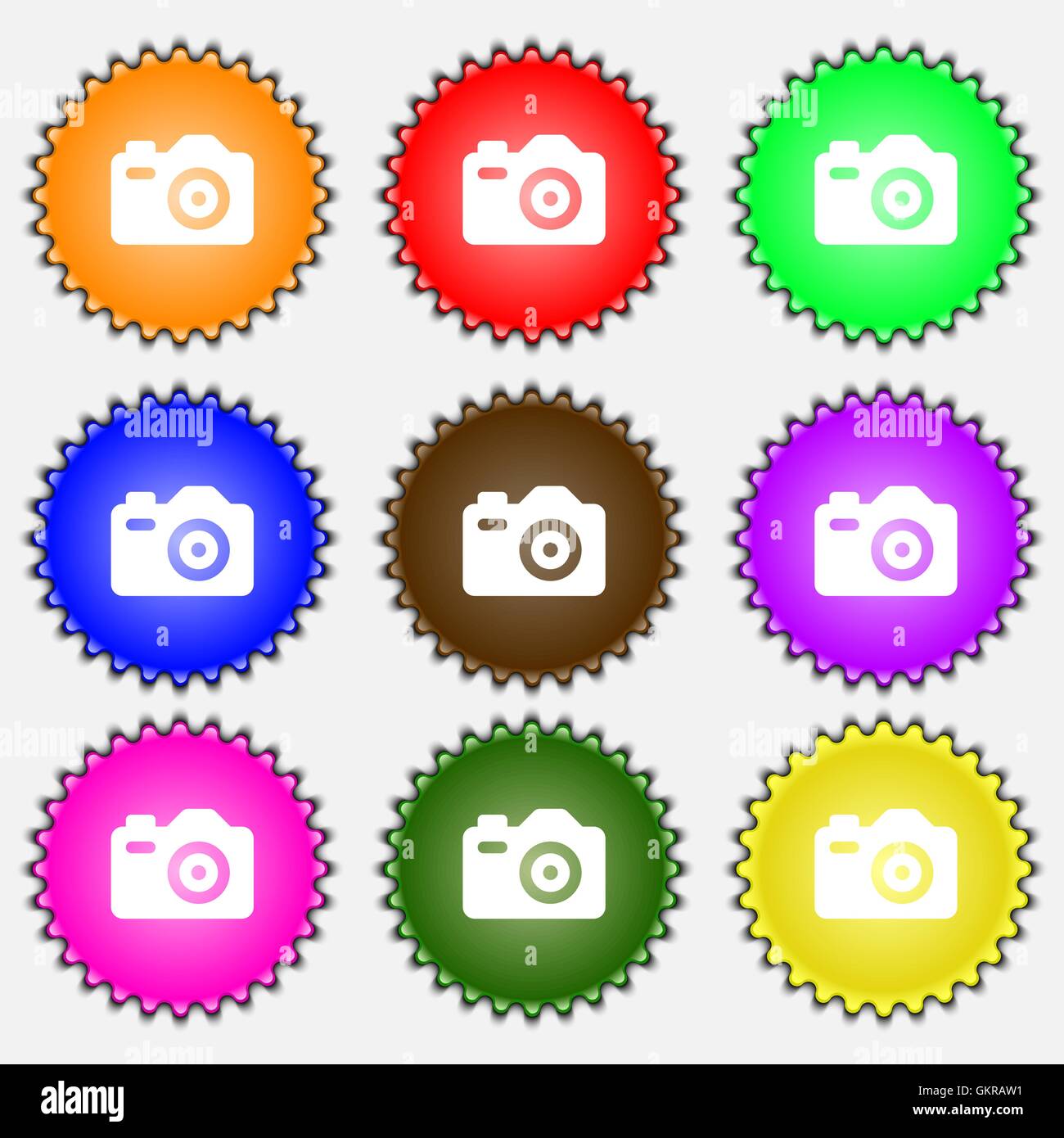 Photo Camera icon sign. A set of nine different colored labels. Vector ...