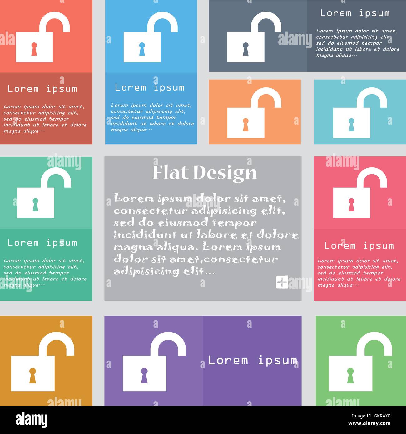 open lock icon sign. Set of multicolored buttons with space for text ...