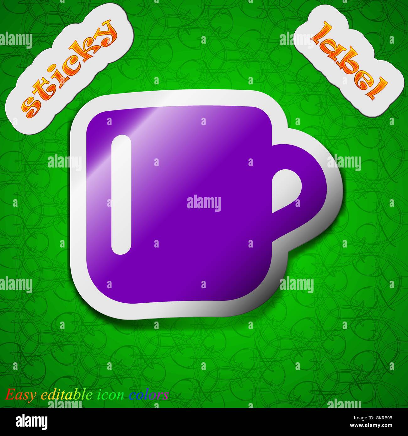 cup coffee or tea icon sign. Symbol chic colored sticky label on green ...