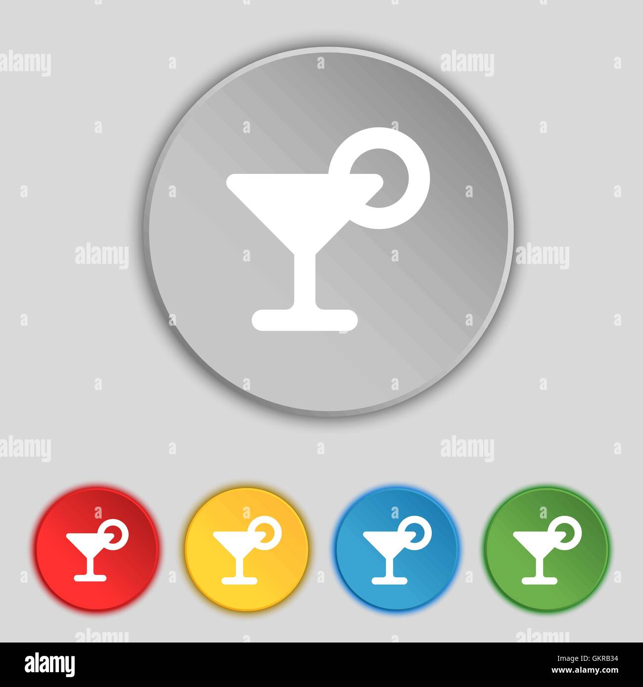 Drink, cocktail with a lemon icon sign. Symbol on five flat buttons ...