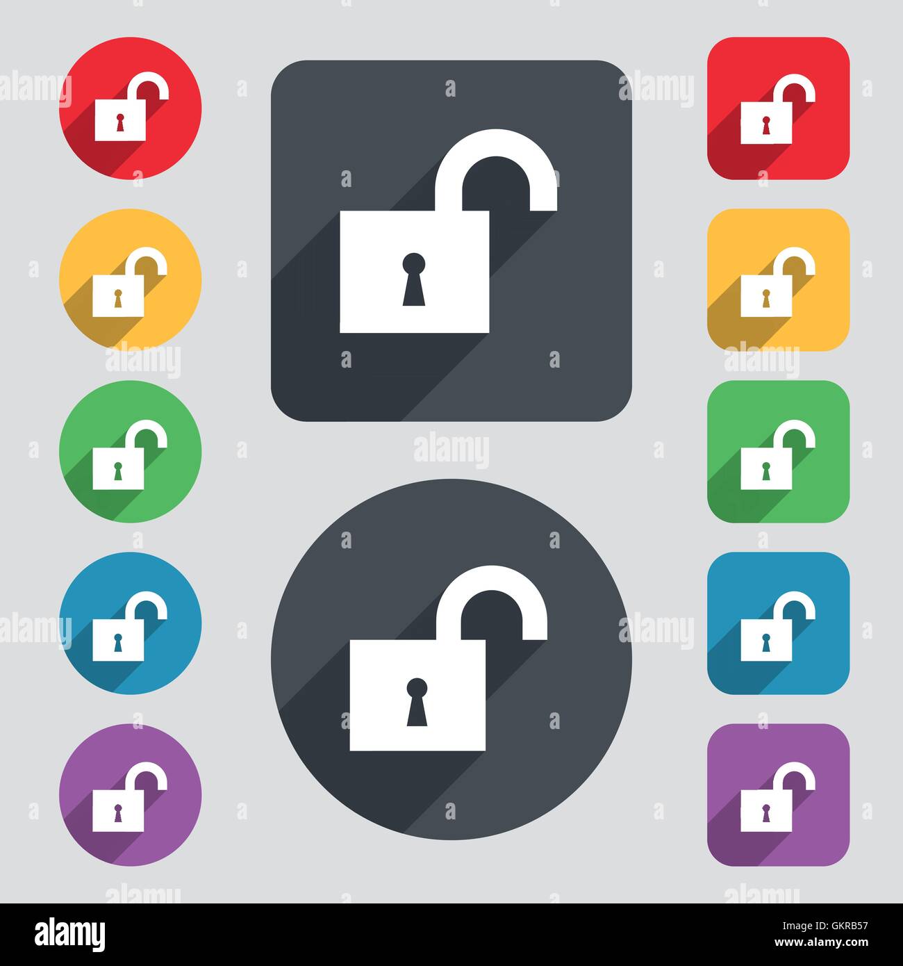 open lock icon sign. A set of 12 colored buttons and a long shadow ...