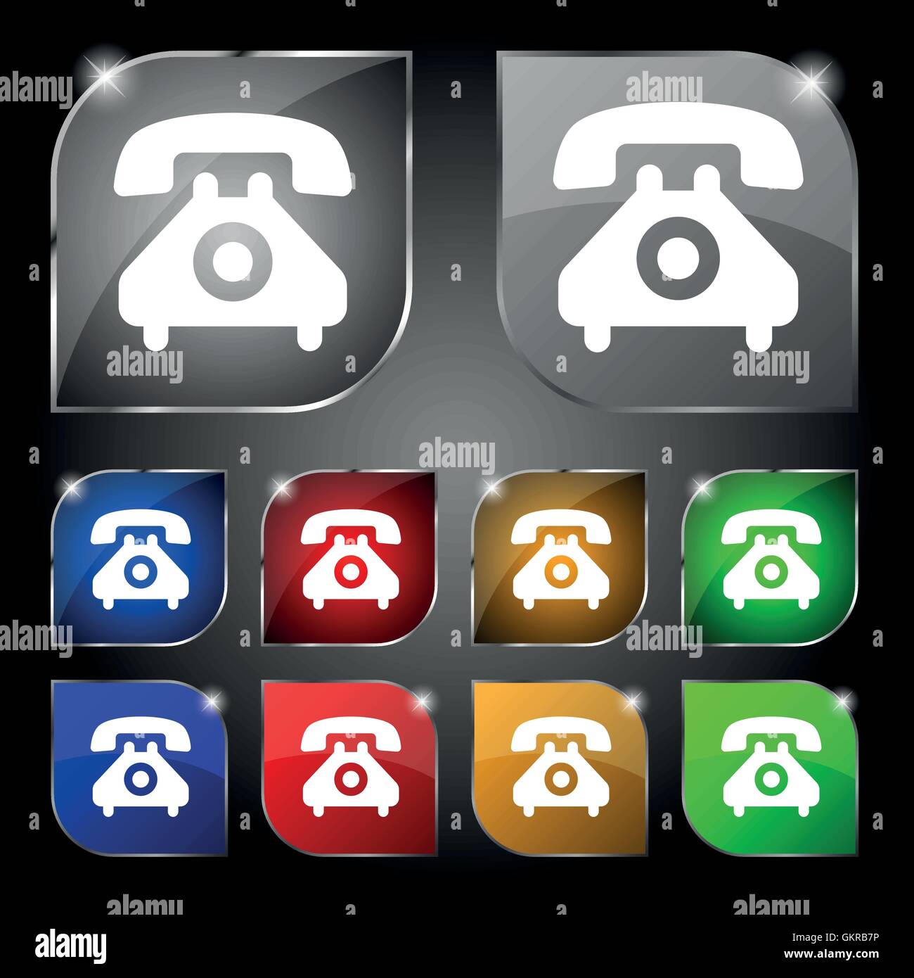 retro telephone handset icon sign. Set of ten colorful buttons with ...